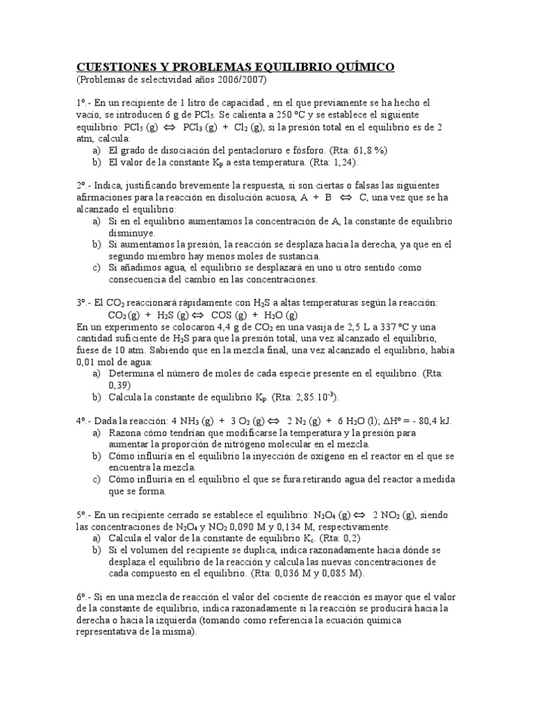 Problemas (Selectividad) T EQUILIBRIO | Descargar gratis PDF | Equilibrio químico | Amoníaco