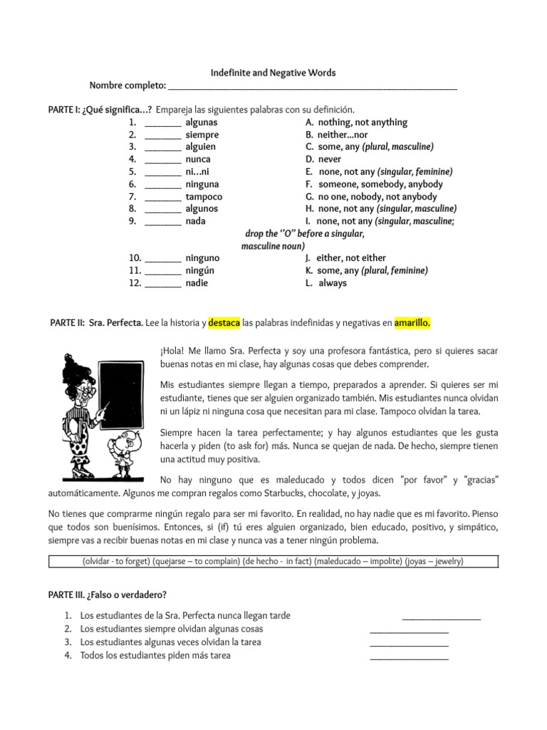 SP2 U1 C17 Indefinite and Negative Words. La Señora Perfecta | PDF
