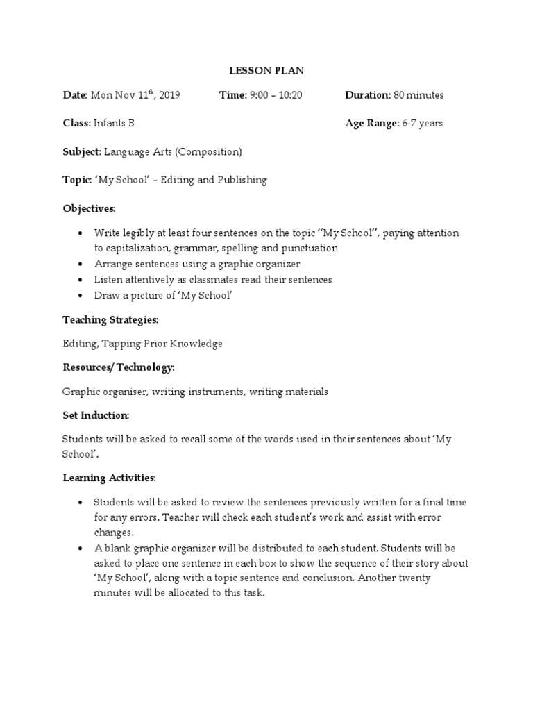 Composition Lesson Plan - My School - Editing and Publishing | PDF