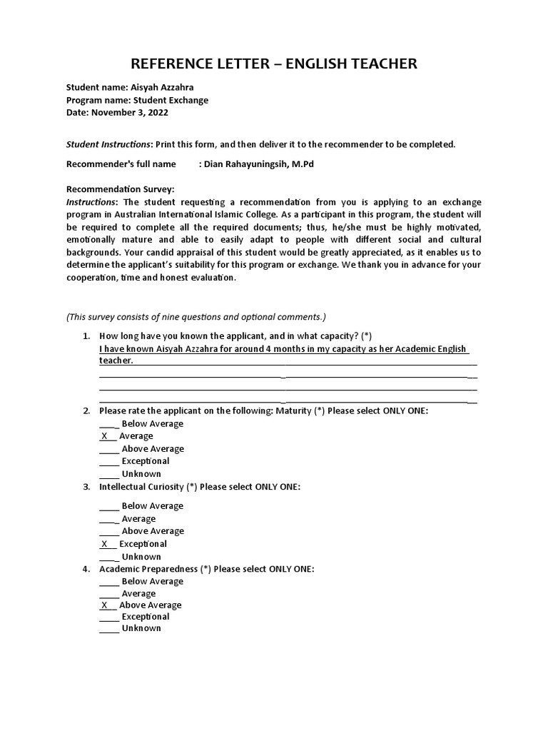 Icha - English Teacher - Reference Letter | Download Free PDF ...