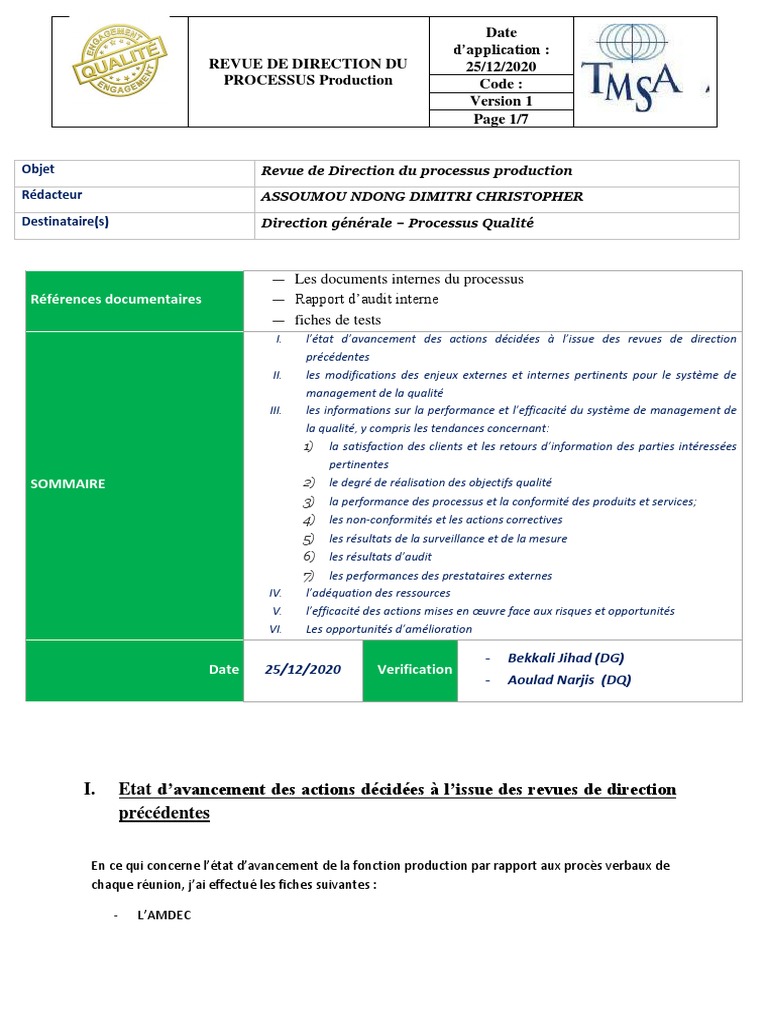 Revue de Direction : Processus Production | PDF | Gestion des ...