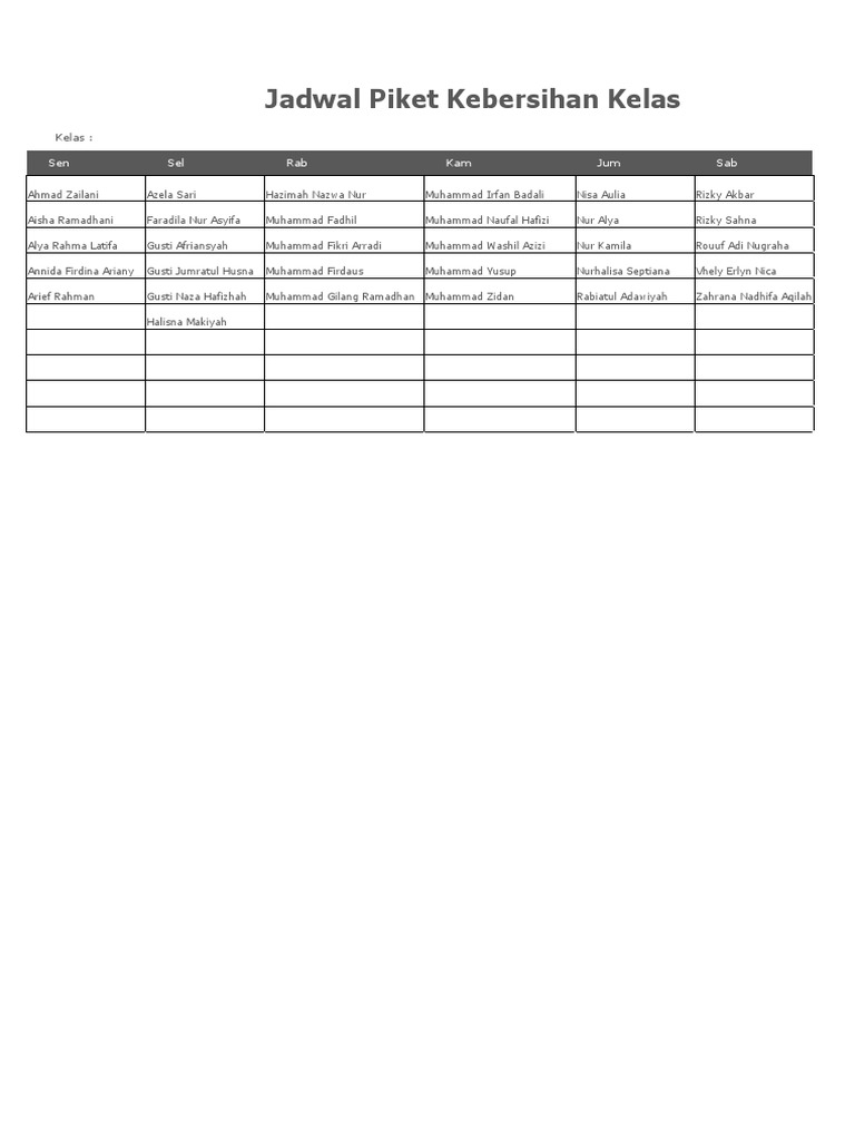 Jadwal Piket Kebersihan Kelas | PDF