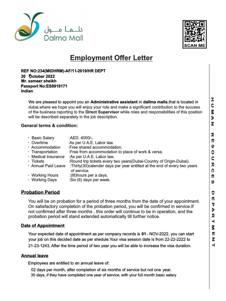 An Employment Offer Letter for an Administrative Assistant Position at ...