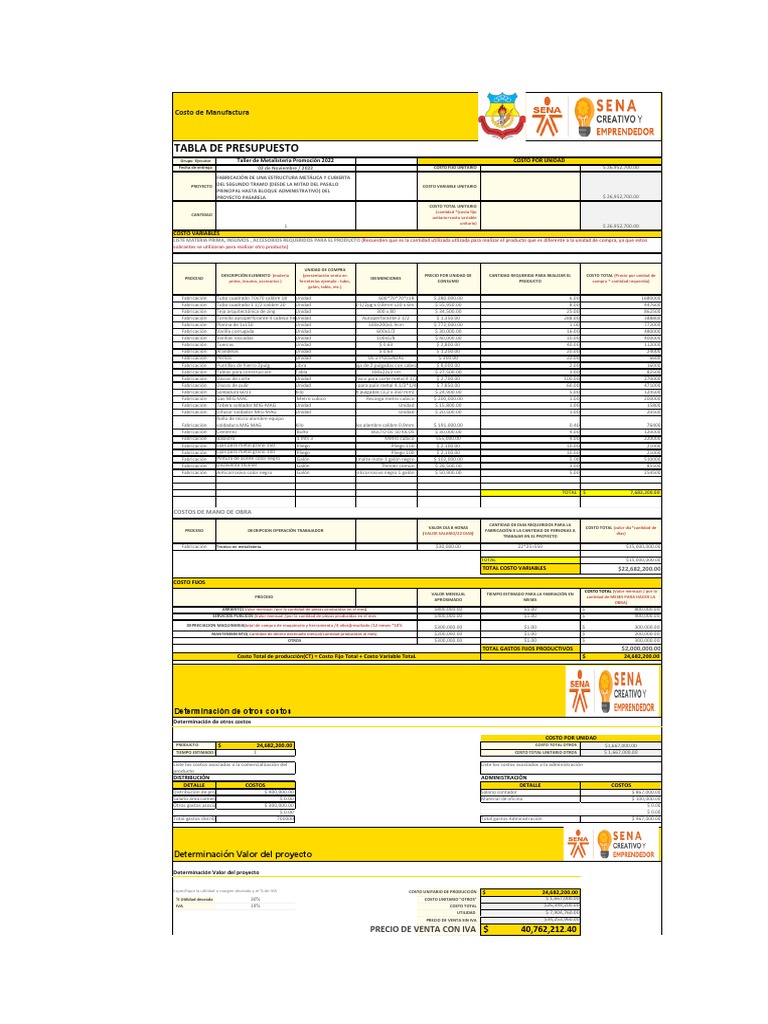 COSTOS SENA Ejemplo PASARELA | PDF
