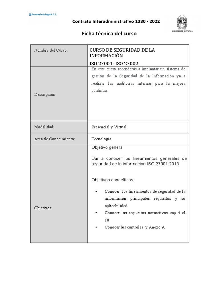 Ficha Técnica Curso ISO 27001-27002 | PDF | Auditoría | Informática Ficha Técnica Curso ISO 27001-27002 | PDF | Auditoría | Informática