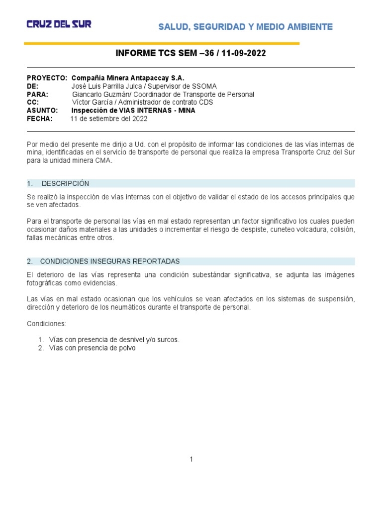 Informe sobre el estado de las vías internas y externas de la mina Antapaccay que podrían ...