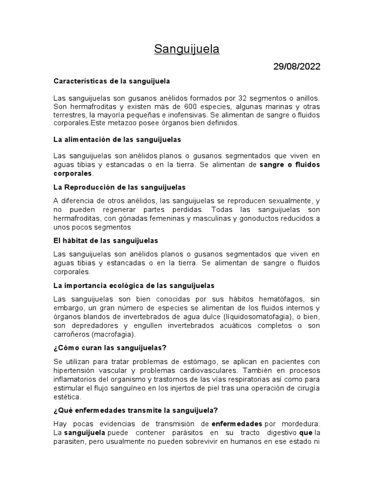 Características y dieta de las sanguijuelas | PDF