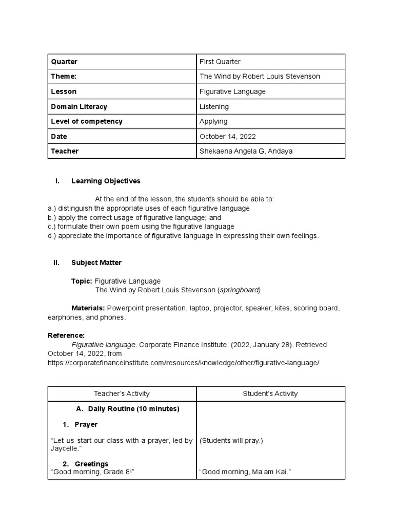 ANDAYA - Lesson Plan - Listening | PDF | Poetry | Metaphor