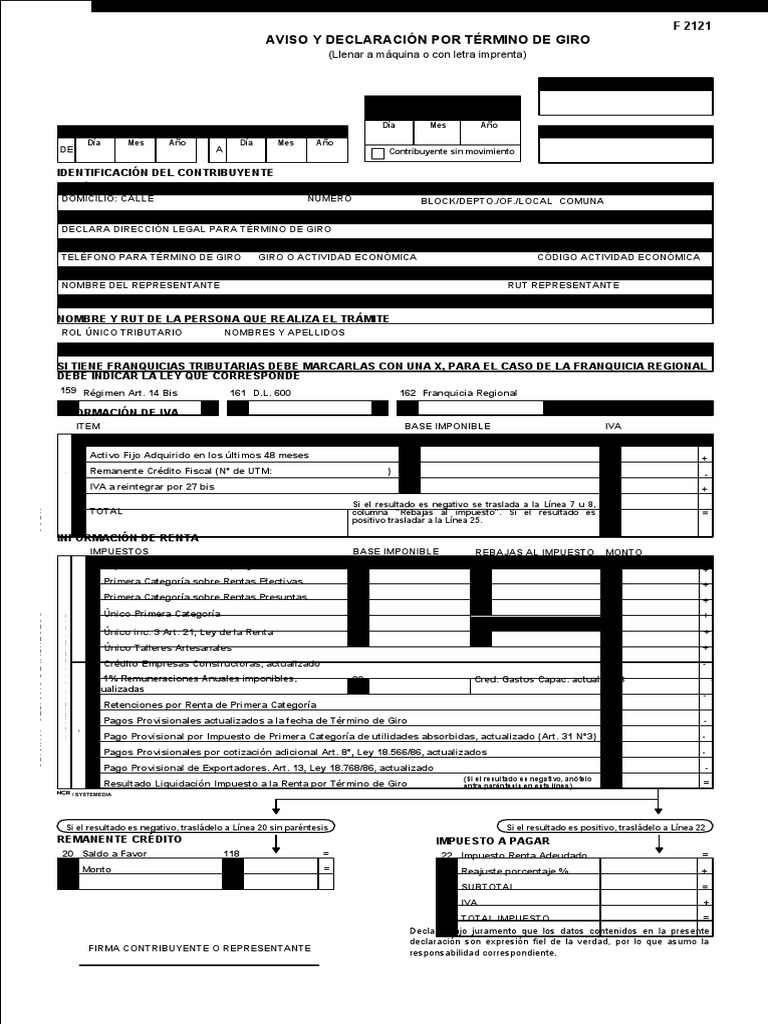 Aviso Y Declaración Por Término de Giro: (Llenar A Máquina o Con Letra ...