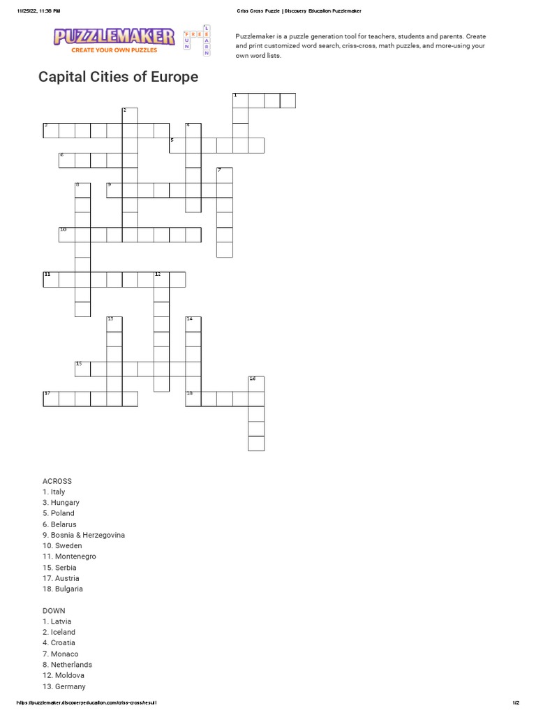 Criss Cross Puzzle - Capital Cities of Europe | PDF