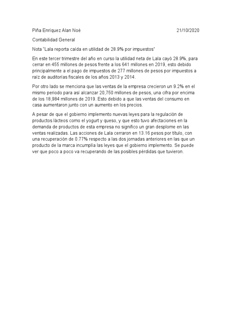 Nota Lala Reporta Caida en Utilidad | PDF