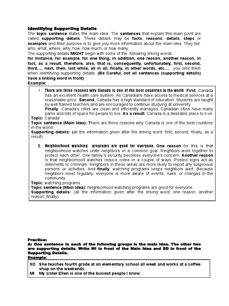 Identifying Supporting Details in Writing | PDF | Language Arts ...