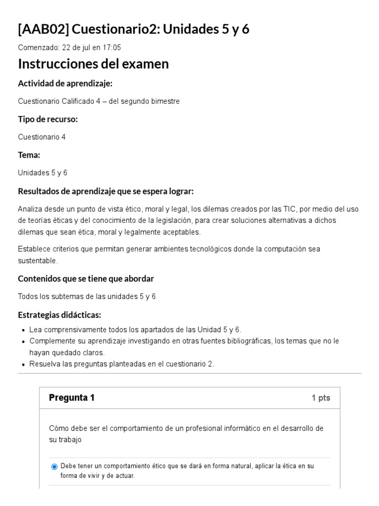 Examen - (AAB02) Cuestionario2 - Unidades 5 y 6 | PDF | Moralidad | Aprendizaje