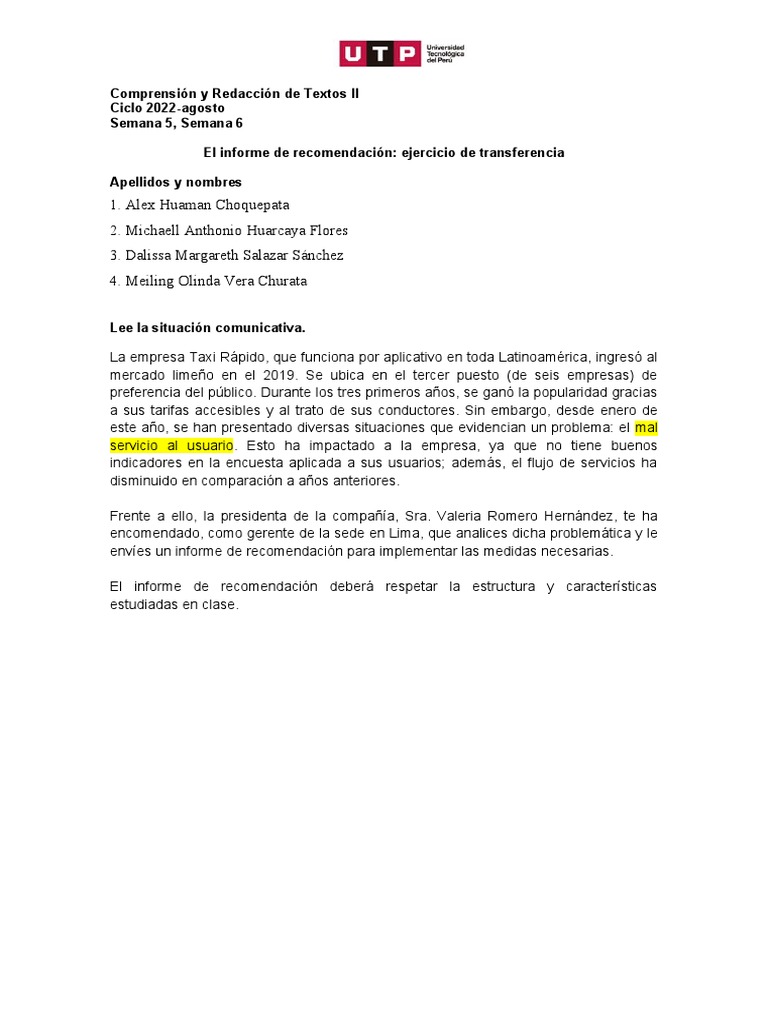 S05 y S06 - El Informe de Recomendación - Ejercicio de Transferencia - Formato-1 S5II | PDF ...