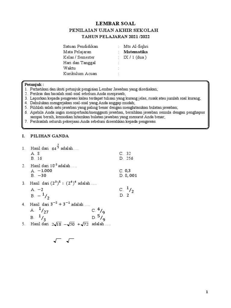 Soal Pas MTK KLS 9 | PDF