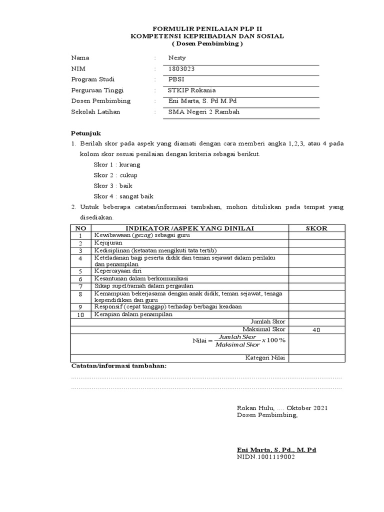 FORM - PENILAIAN - PLP - 2 - Dosen Pembimbing | PDF