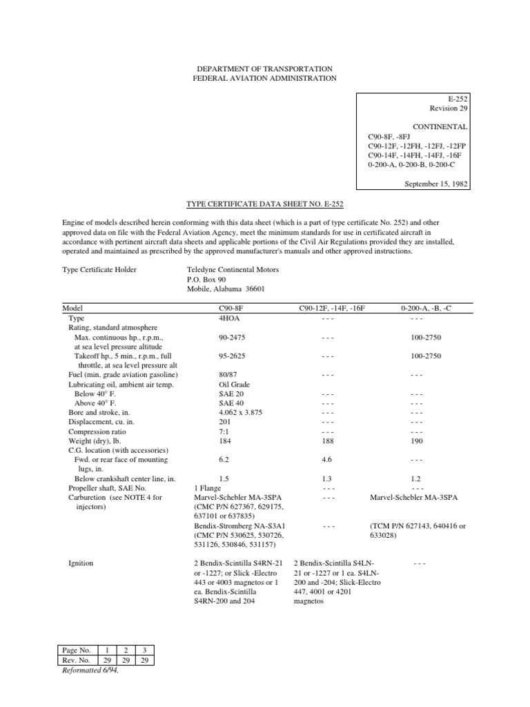 TCM C90 - 0200 Engine Type Certificate - E-252 - Rev 29 | PDF ...