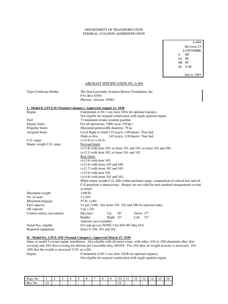 Luscombe Aircraft Specification - Aircraft Spec A-694 | PDF