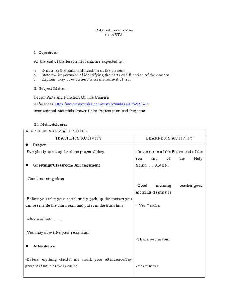 Detailed Lesson Plan In Arts Pdf