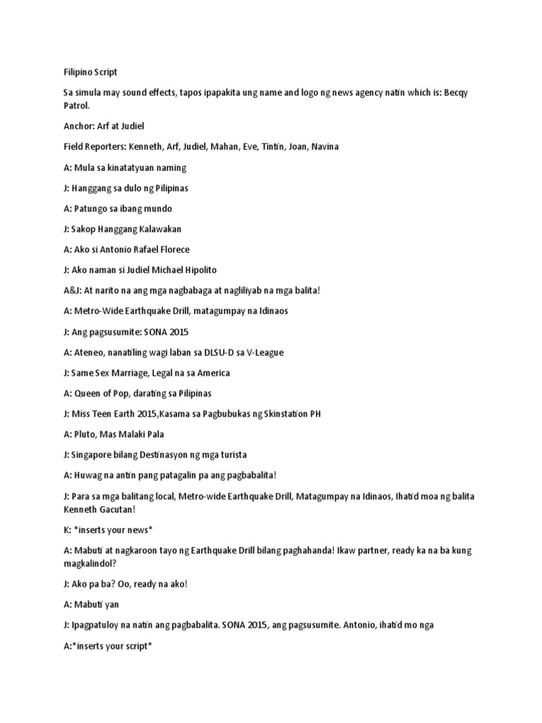 Filipino 9 Pagbabalita Script | PDF