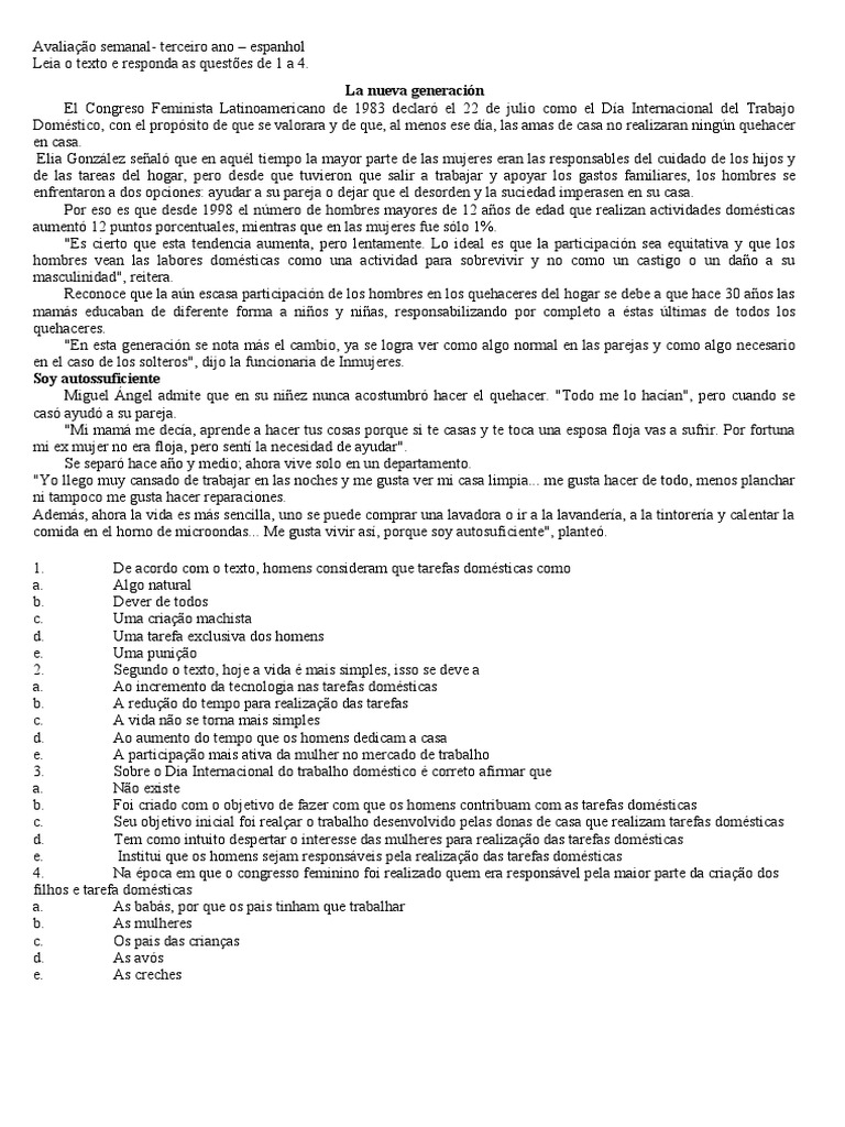 Avaliação Semanl Terceiro Ano Médio Espanhol | PDF