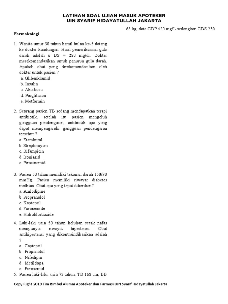 Latihan Soal Ujian Masuk Apoteker Uin Jakartapdf PDF Free | PDF