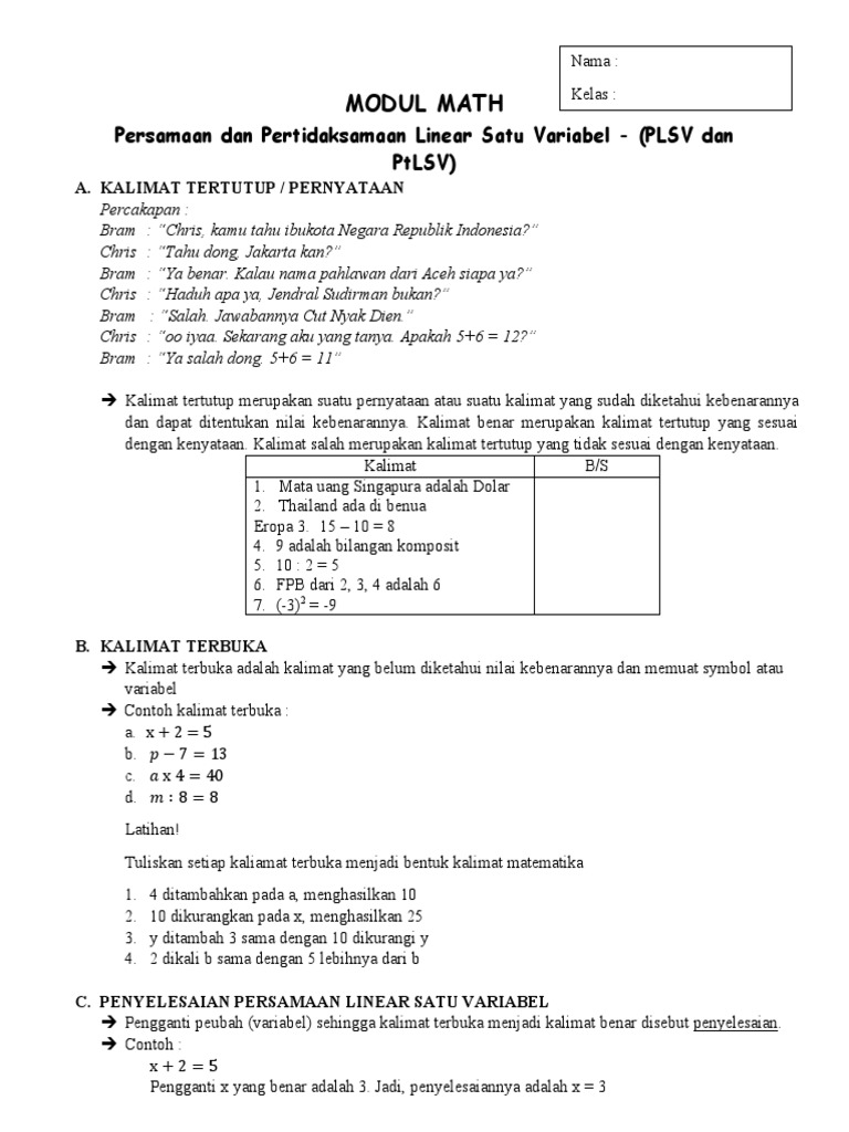 Modul Math: Persamaan Dan Pertidaksamaan Linear Satu Variabel - (PLSV ...