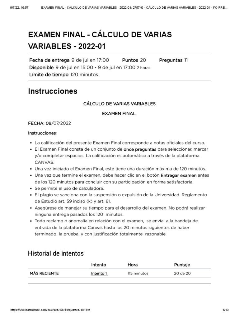 Examen Final - Cálculo de Varias Variables - 2022-01 - 275749 - Cálculo de Varias Variables ...