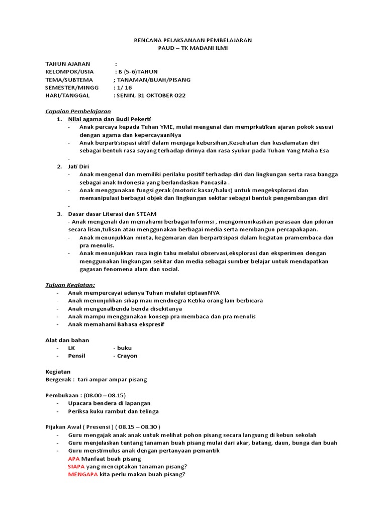 RPP B Tema Tanaman Buah-Pisang | PDF | Karier & Perkembangan ...