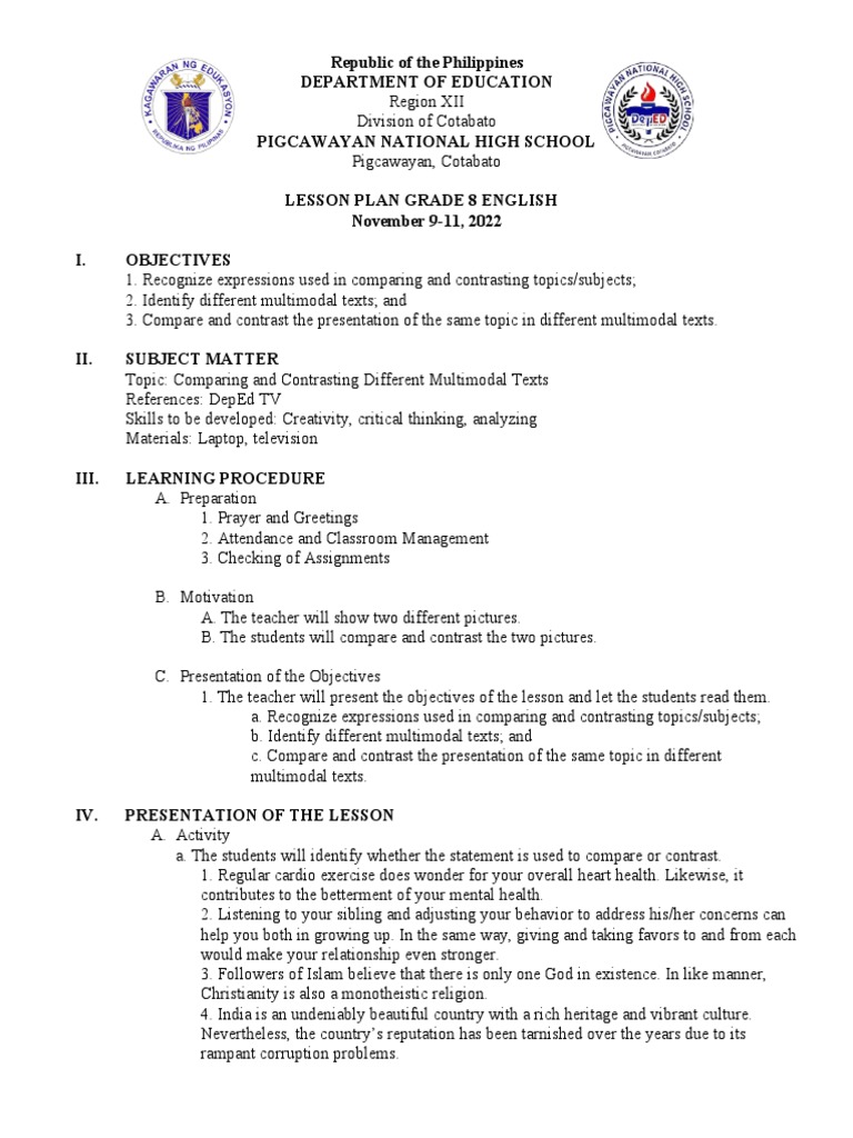 Grade 8 English Lesson Plan: Comparing Texts | PDF | Career & Growth