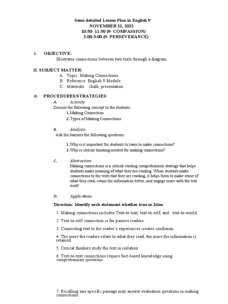 Lesson Plan in ENGLISH 9 Making Connections | PDF | Reading ...