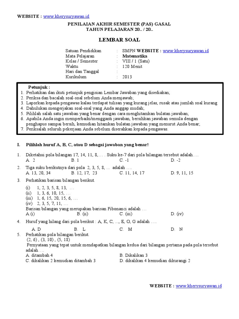 SOAL PAS MTK KLS 8 K13 - WEBSITE WWW - Kherysuryawan.id | PDF