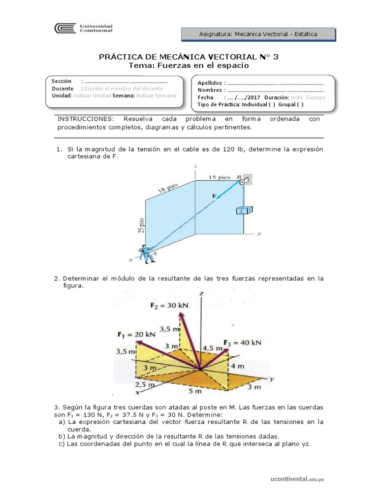 Práctica de Mecánica Vectorial #3 Tema: Fuerzas en El Espacio | Descargar gratis PDF | Vector ...