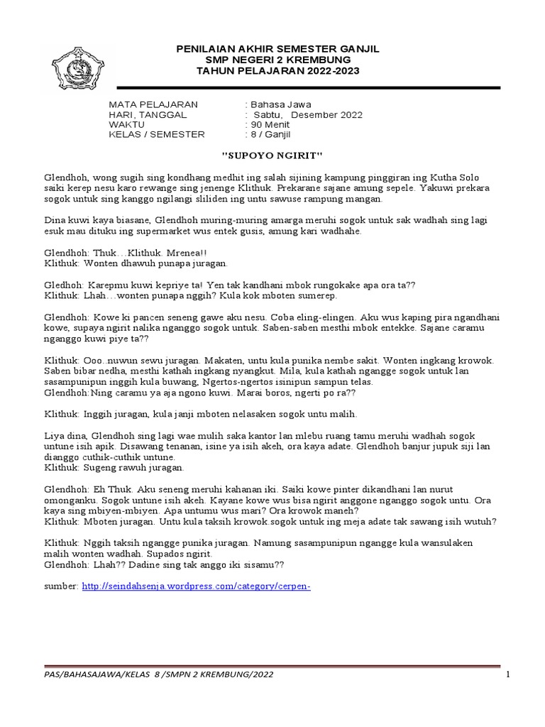 Bahasa Jawa PAS Kls 8 Ganjil Sip | PDF | Seni & Disiplin Bahasa