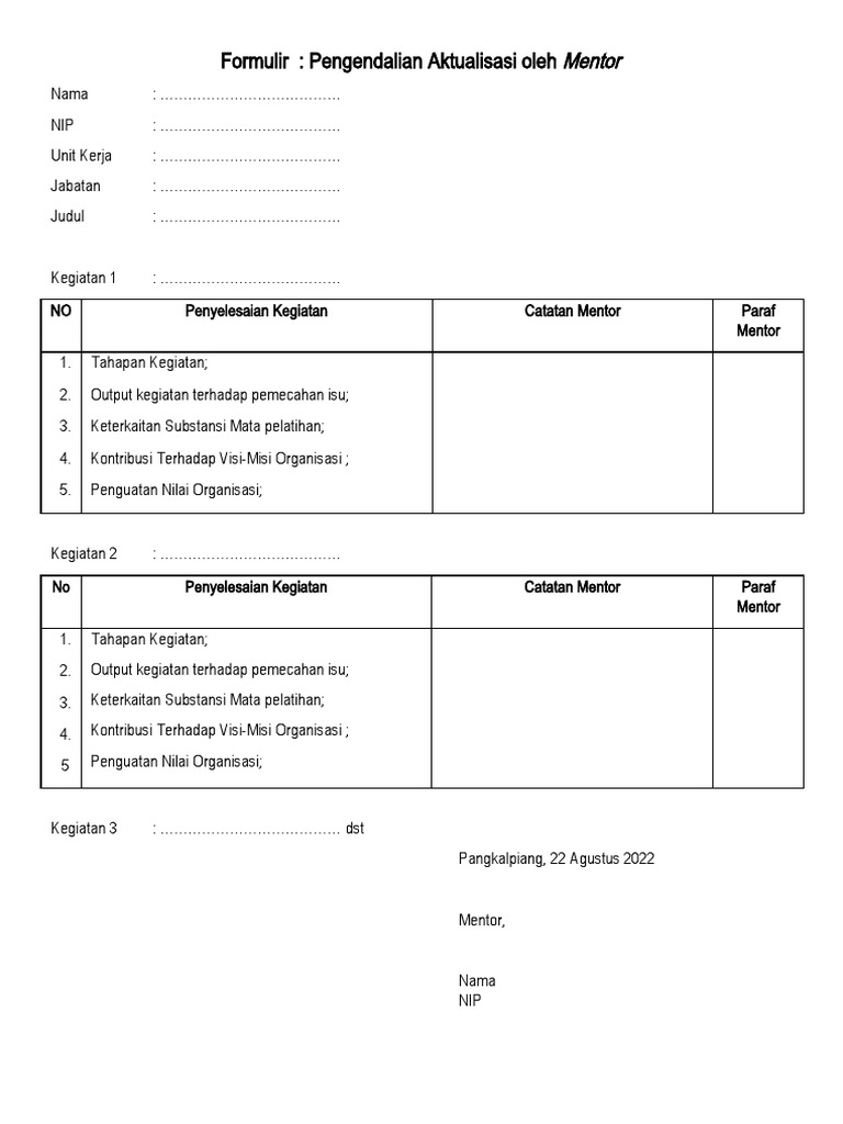 CONTOH Formulir Mentor, Coach Dan Blangko PKTBT | PDF