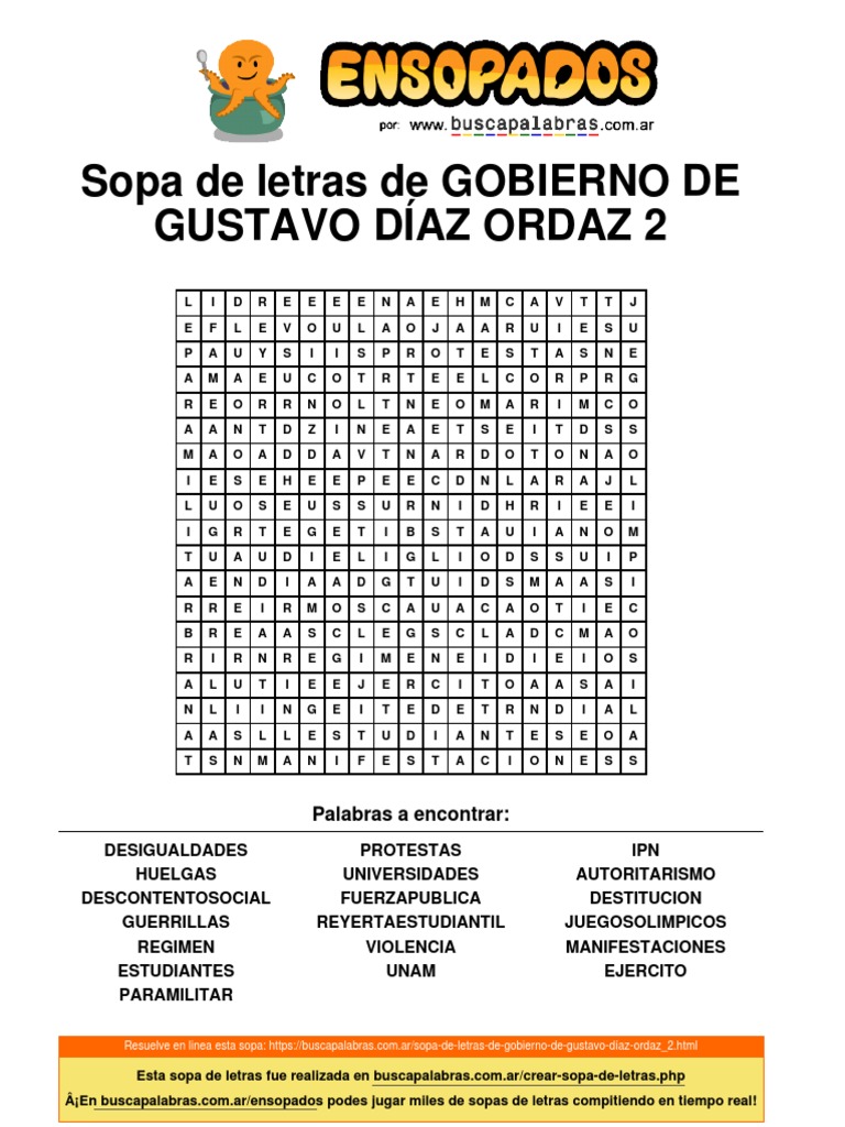 Sopa de Letras de Gobierno de Gustavo Díaz Ordaz - 2 | PDF | Protesta ...