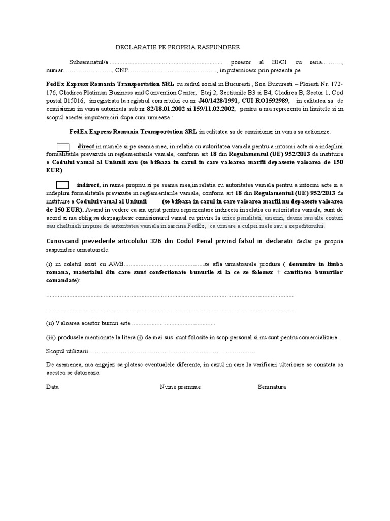 Declaratie Imputernicire Reprezentare Vamala - Persoane Fizice | PDF