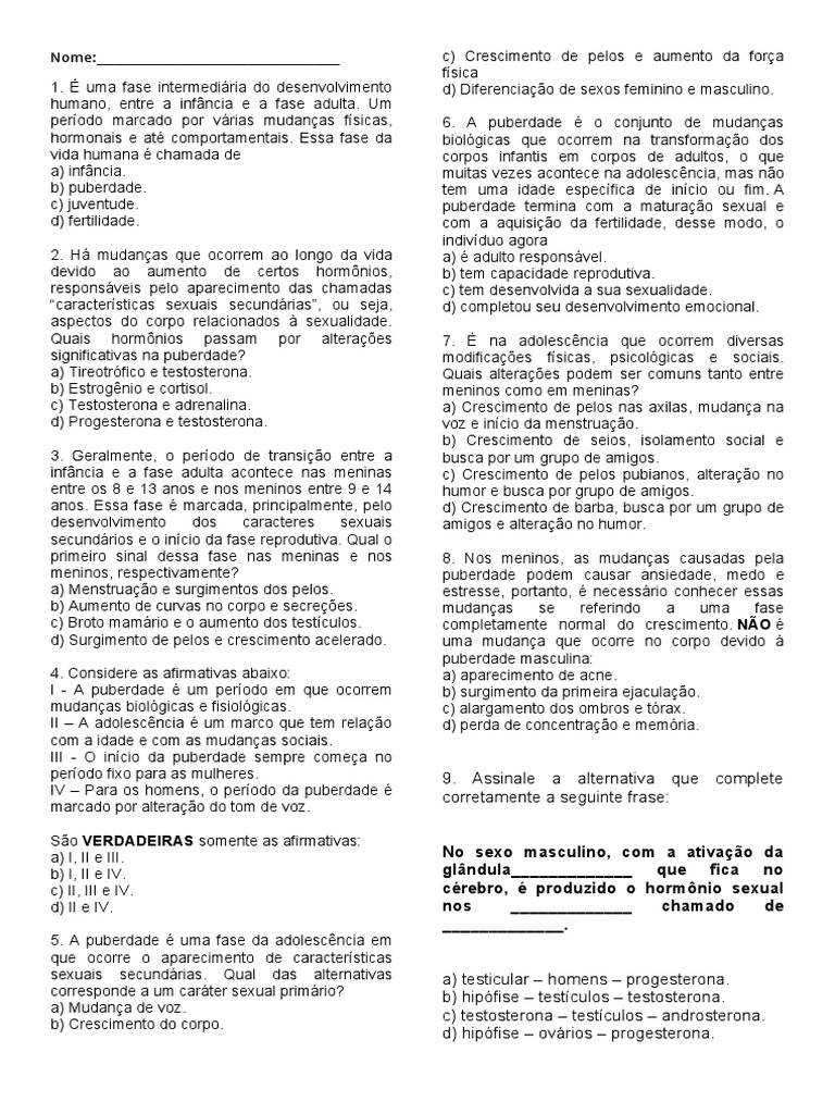Atividade de Ciencias 8 Ano Puberdade | PDF