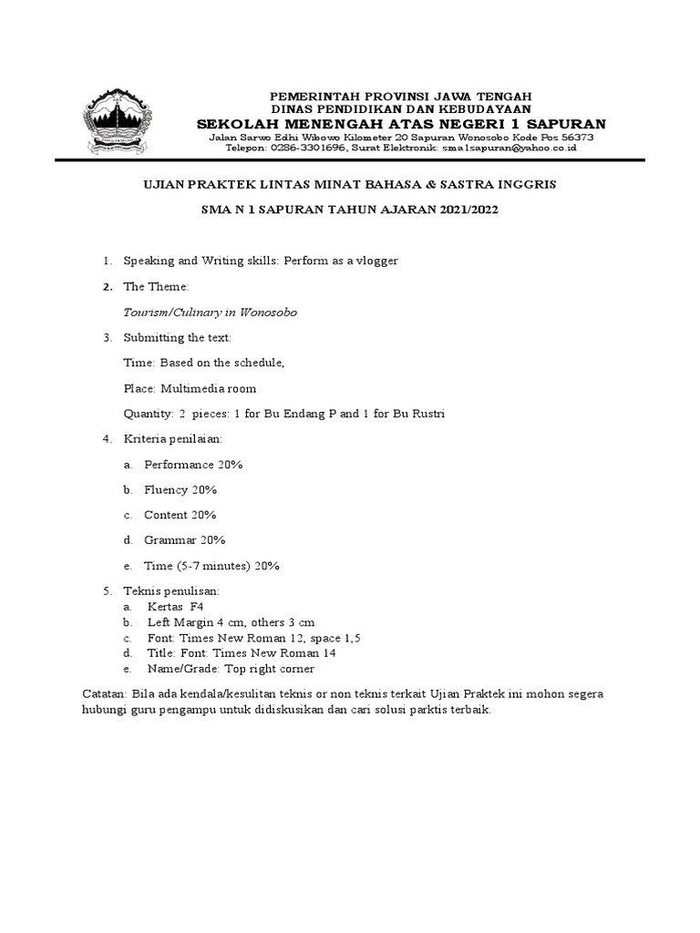 Ujian Praktek LM Bahasa & Sastra Inggris Sma N 1 Sapuran 20212022 | PDF | Seni & Disiplin Bahasa