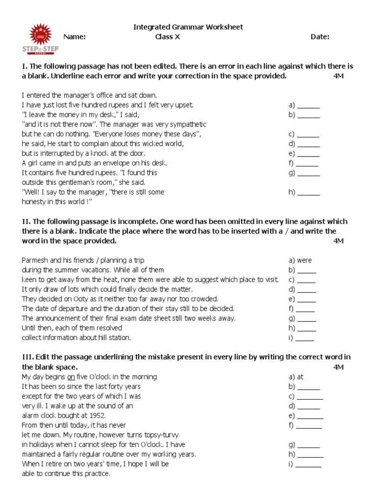 Class 9 Grammar Worksheet | PDF