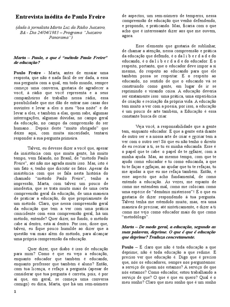 Cepis Site Roteiro 25 Entrevista Inédita de Paulo Freire À Jornalista Marta Luz Da Rádio ...