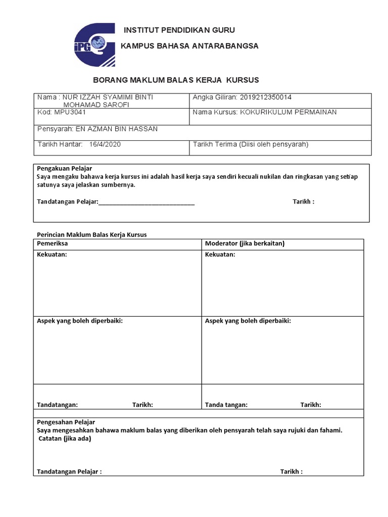 Borang Maklum Balas Kerja Kursus | PDF