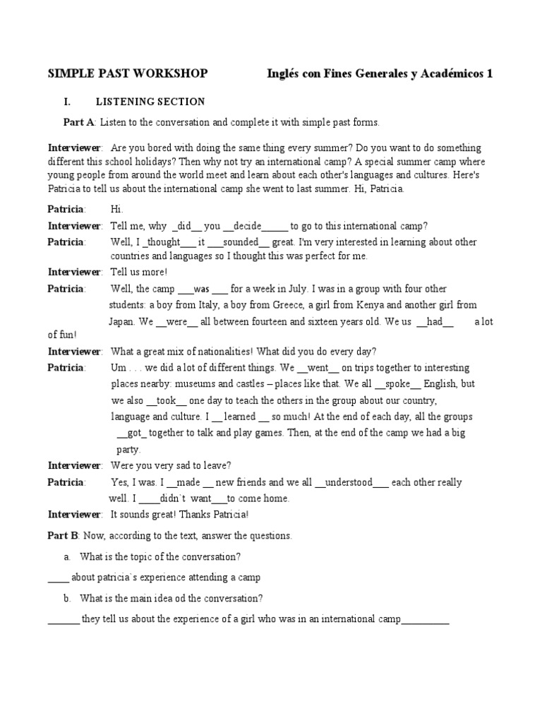 Simple Past Workshop - Homework | PDF