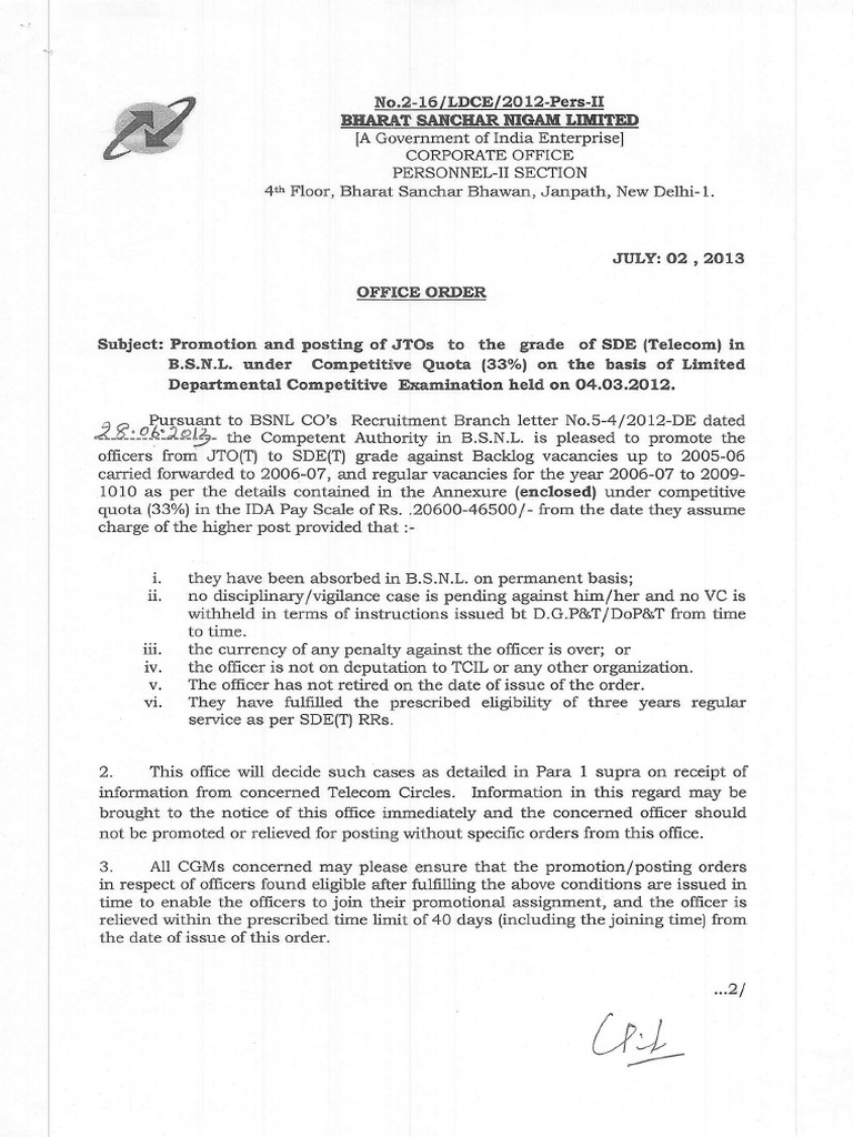 LDCE Promotion of JTOs to SDE Grade | PDF | Government Of India ...
