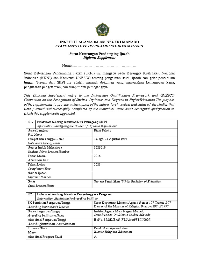 Skpi Rizki Pakelo | PDF | Gelar Master | Pendidikan Tinggi