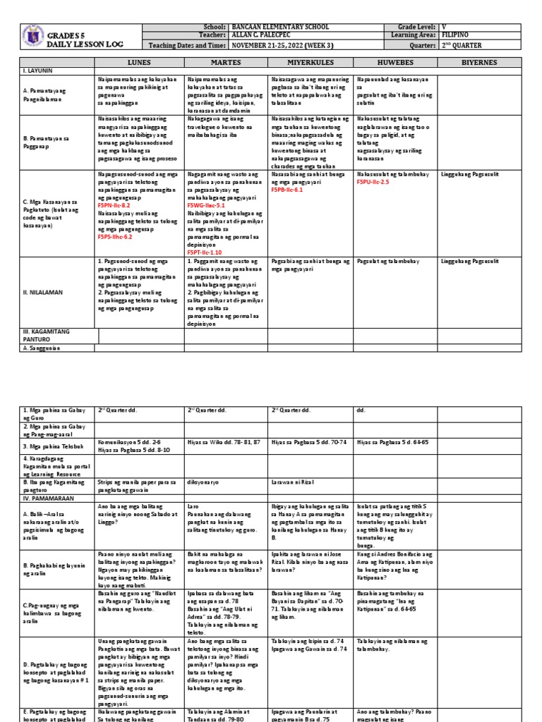 DLL Filipino 5 q2 w3 | PDF