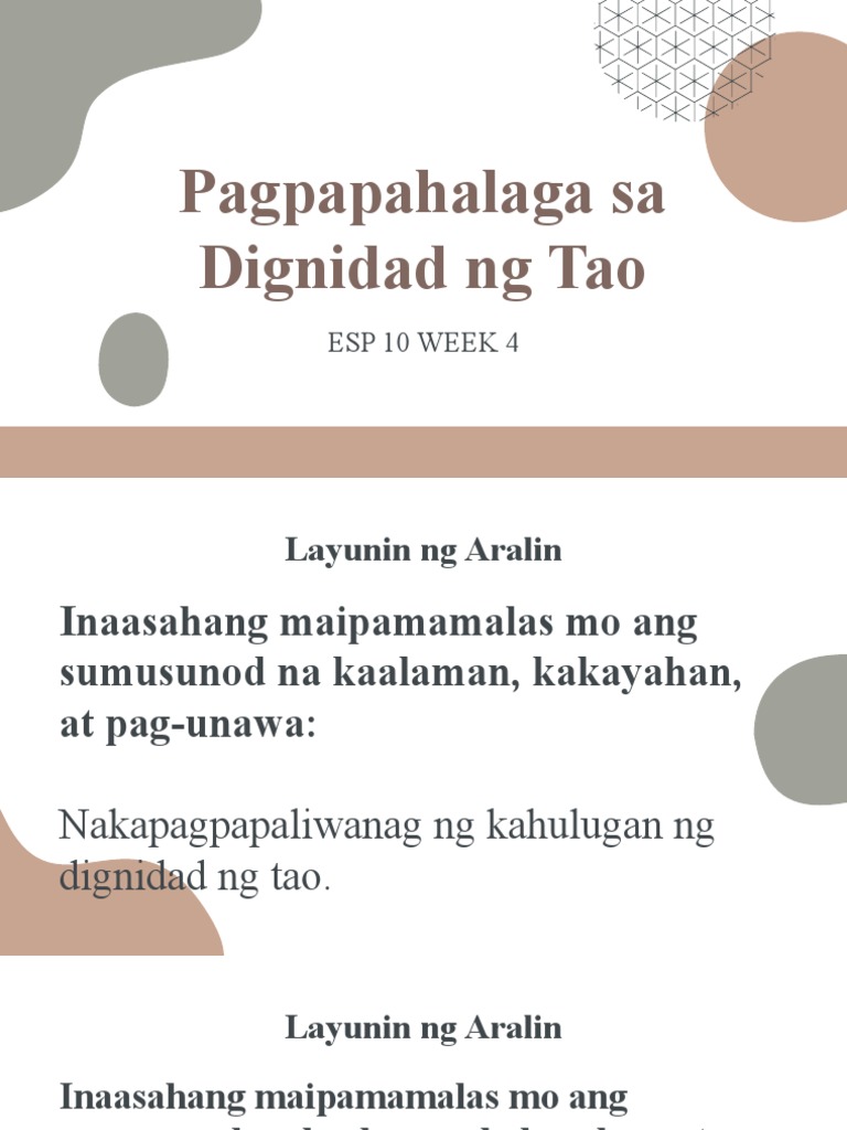 ESP 10 Q1 WEEK 4 Pagpapahalaga Sa Dignidad NG Tao | PDF