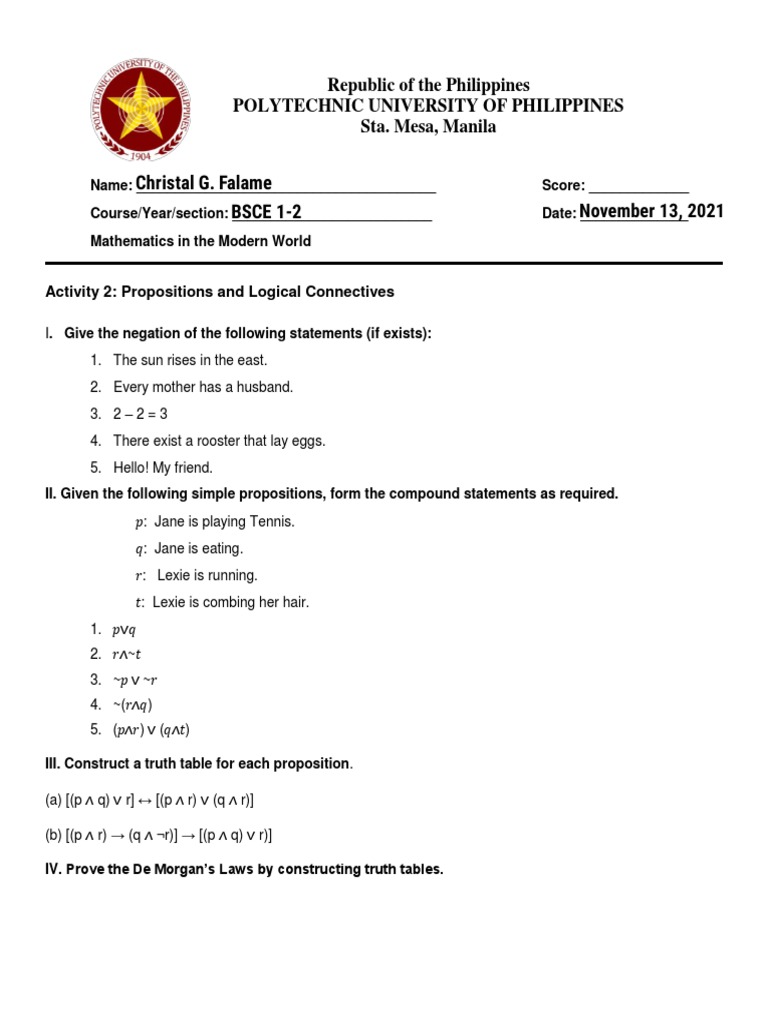 Activity 2 - Logic | PDF | Proposition | Logic
