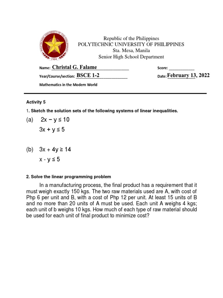 Activity 5 Linear Programming Pdf Linear Programming Inequality