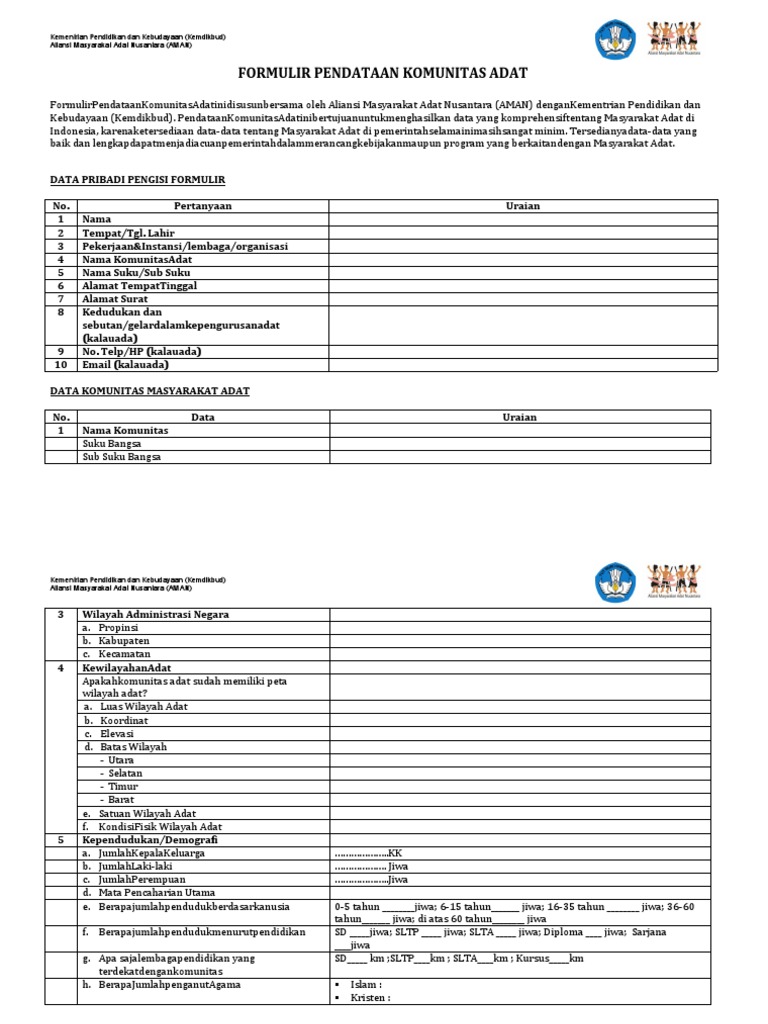 FIRMAN Formulir Pendataan Komunitas Adat | PDF
